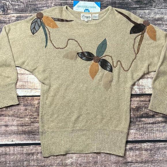 Sweaters | Donagain Womens Leaf Embroidered Silk Angora Wool Blend Beige Sweater Size Small ...